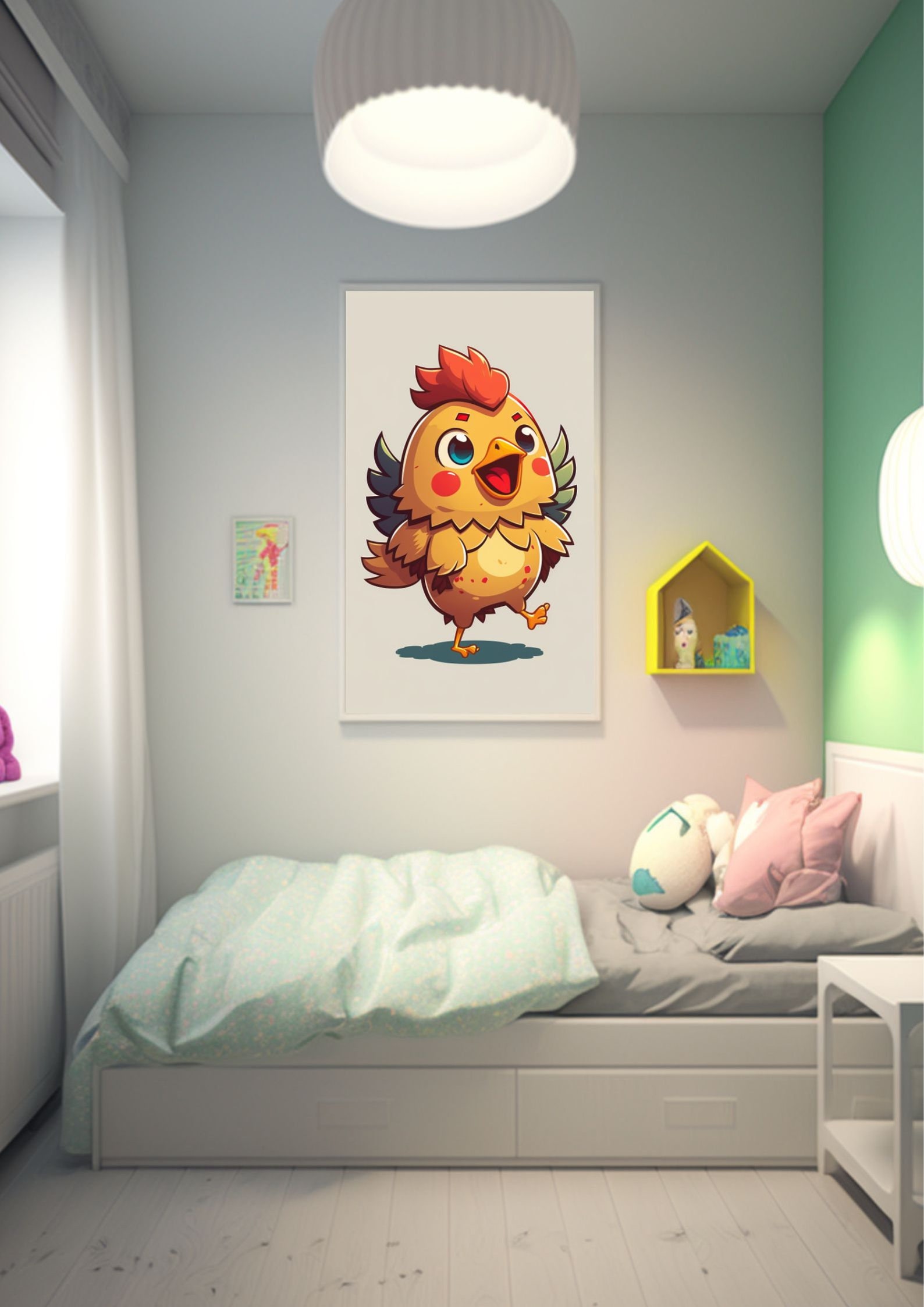 Cute Happy Chicken Printable Cartoon Style Digital Art, Watercolor Wall ...