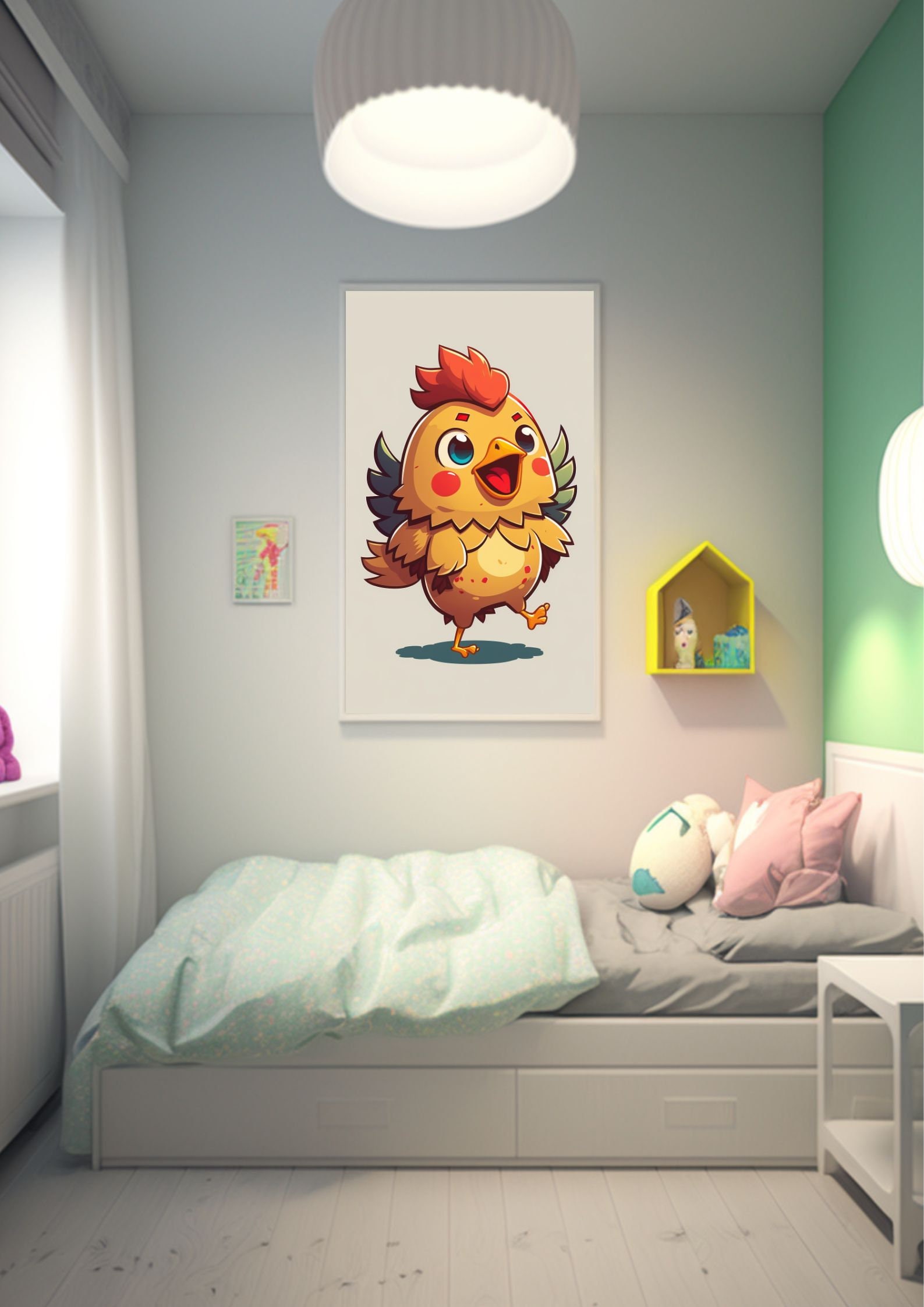 Cute Happy Chicken Printable Cartoon Style Digital Art, Watercolor Wall ...