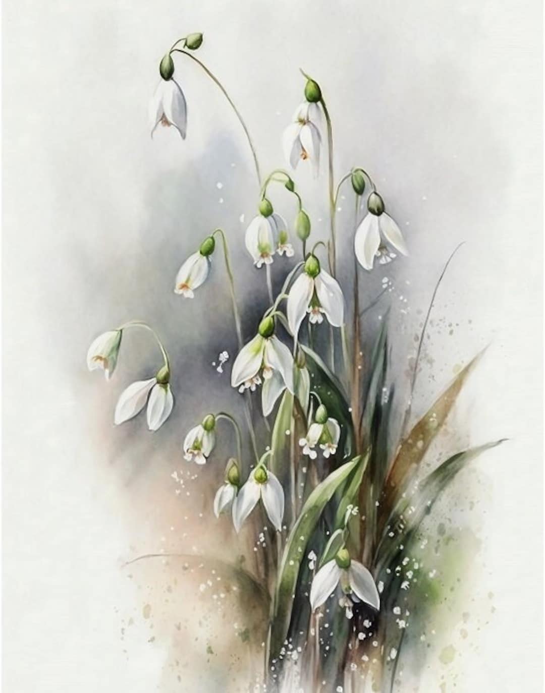 Snowdrop Painting Watercolor Digital Print Wall Decor, Pastel Colors ...