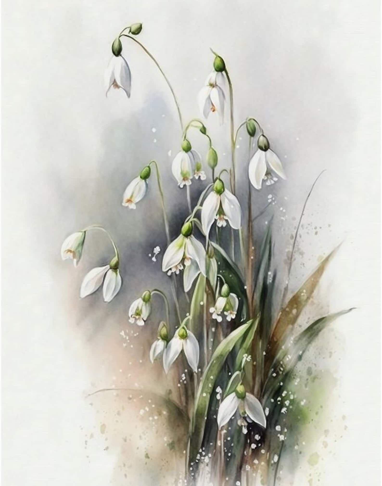 Snowdrop Painting Watercolor Digital Print Wall Decor, Pastel Colors ...
