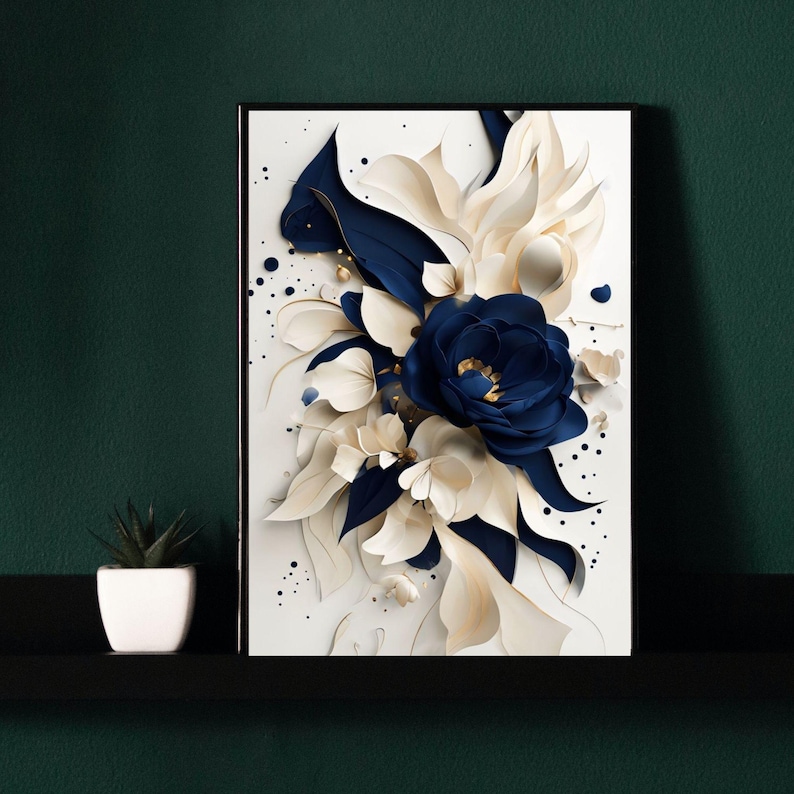 Navy Blue Abstract Floral Print: Modern 3D Paper Flower Style (digital ...