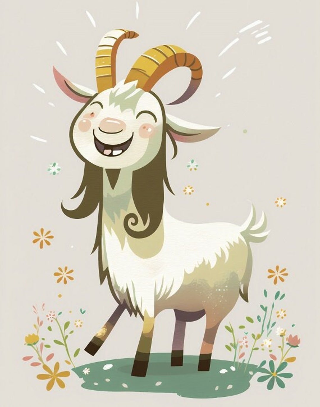 Cute Happy Goat Printable Cartoon Style Digital Art, Watercolor Wall ...