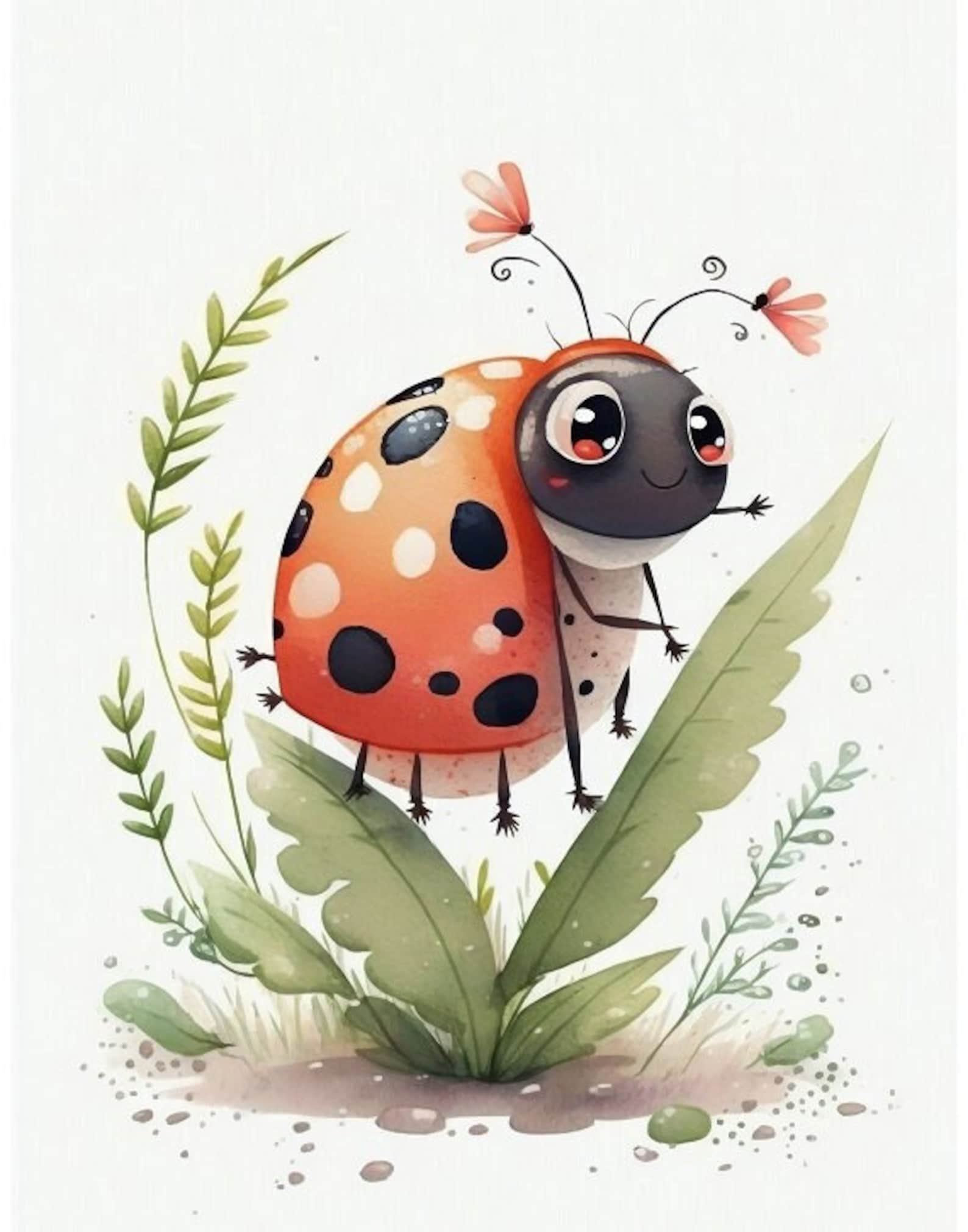 Cute Ladybug Printable Cartoon Style Digital Art, Watercolor Wall Art ...