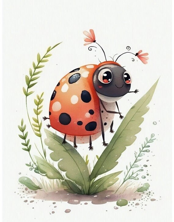 Cute Ladybug Printable Cartoon Style Digital Art, Watercolor Wall Art ...