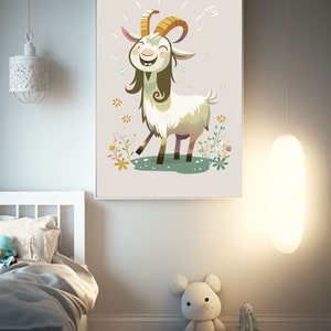 Cute Happy Goat Printable Cartoon Style Digital Art, Watercolor Wall ...
