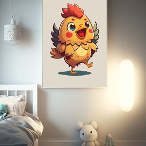 Cute Happy Chicken Printable Cartoon Style Digital Art, Watercolor Wall ...