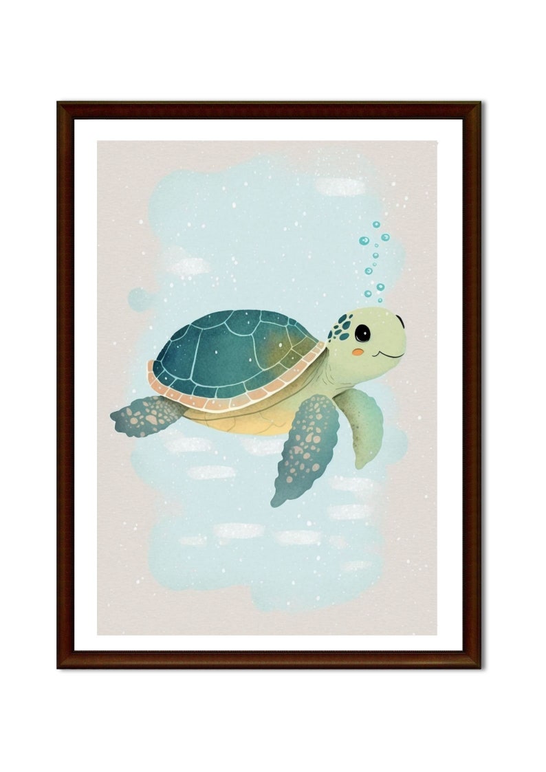 Cute Sea Turtle Printable Cartoon Style Digital Art, Watercolor Wall ...