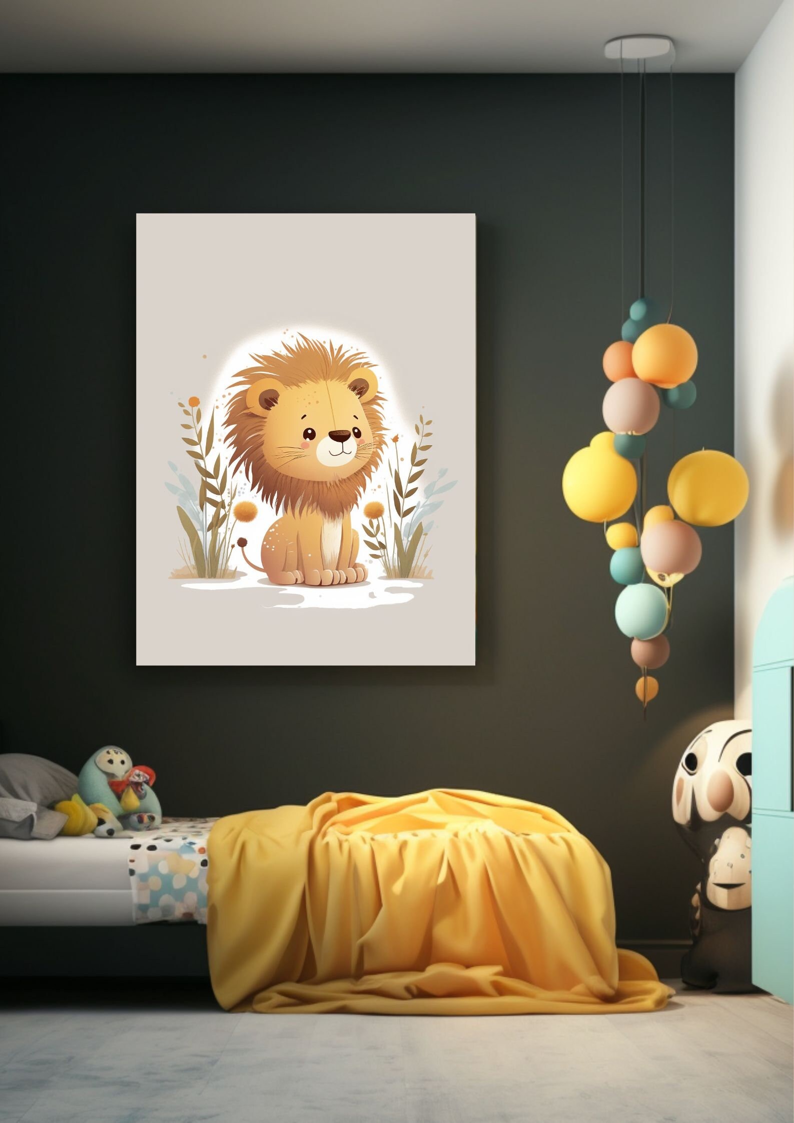 Lion Cub Cartoon Style Digital Art, Printable Wall Art, Cute Child ...
