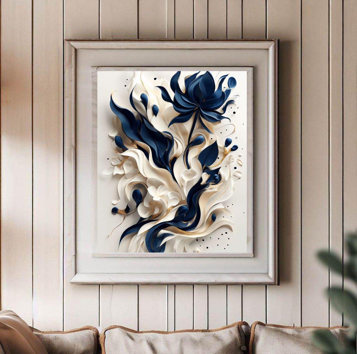 Navy Blue & Beige Abstract Flower Wall Art – Gray Background ...