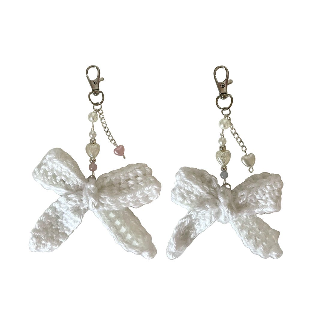 Pink & Blue Beaded White Crochet Bow Keychains “cozy Crochet” - Etsy