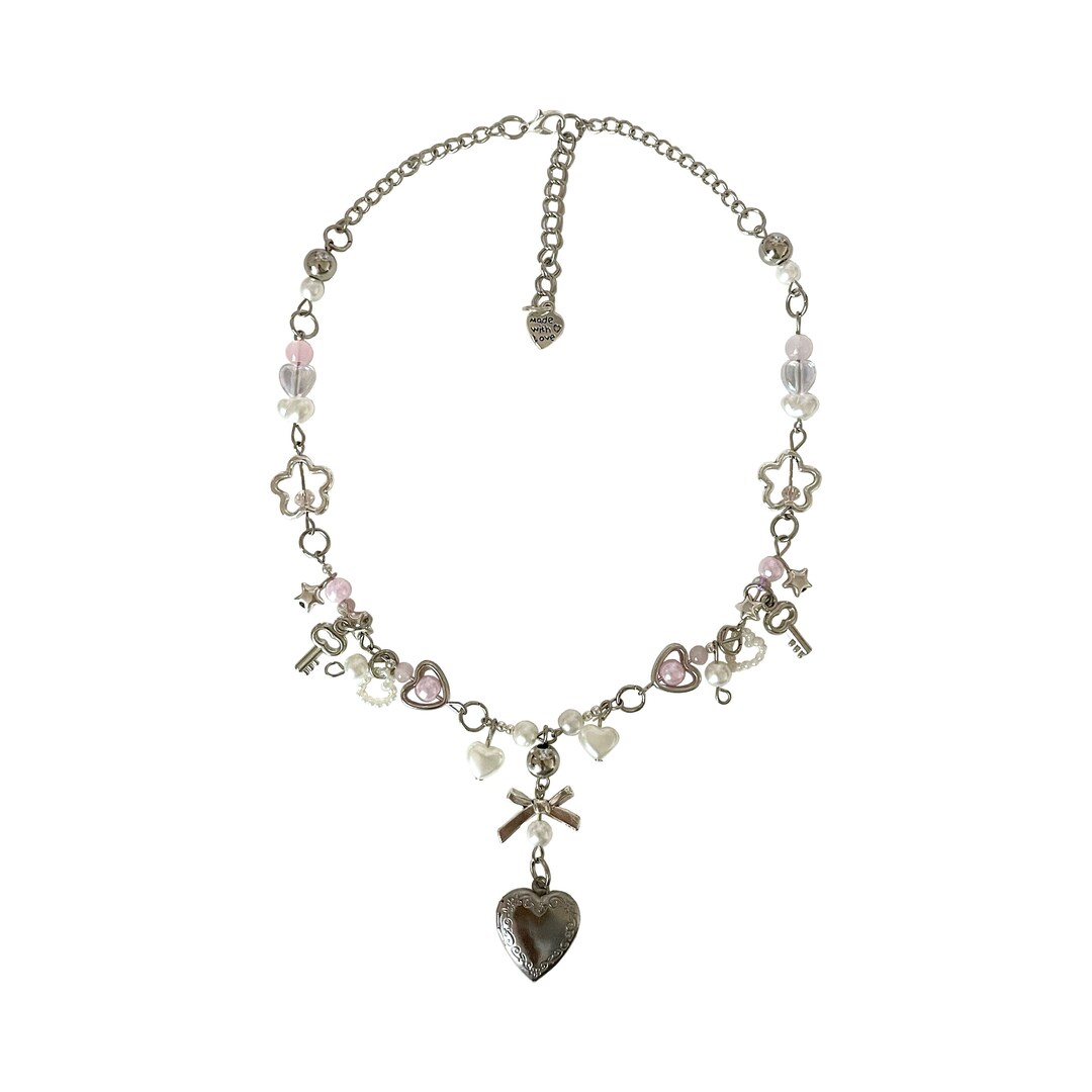 Pink & Silver Heart Photo Locket Beaded Necklace “locked Mementos” - Etsy