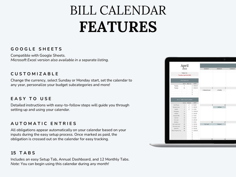 Bill Tracker Spreadsheet, Google Sheets Bill Calendar, Monthly Bill ...