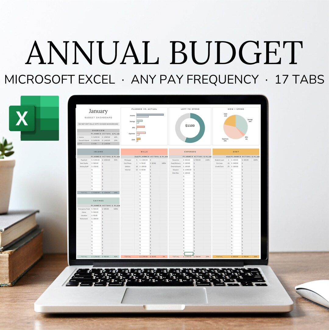 Annual Budget Spreadsheet, Microsoft Excel Budget Template, Personal ...