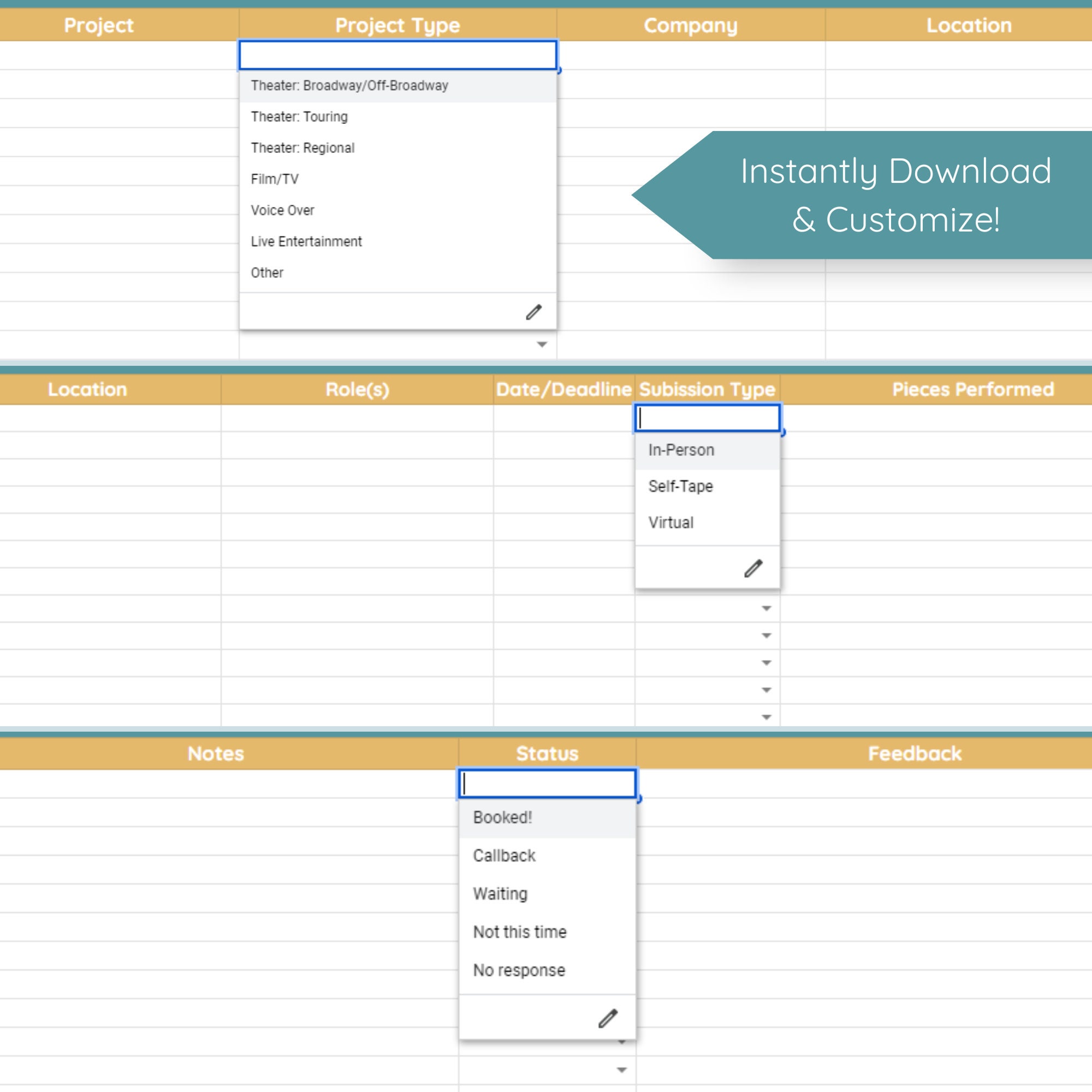 Performer's Audition Log, Google Sheets INSTANT DOWNLOAD, Tracker for ...