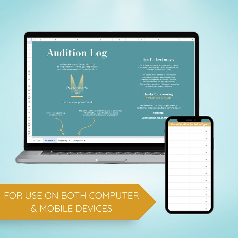 Performer's Audition Log, Google Sheets INSTANT DOWNLOAD, Tracker for ...