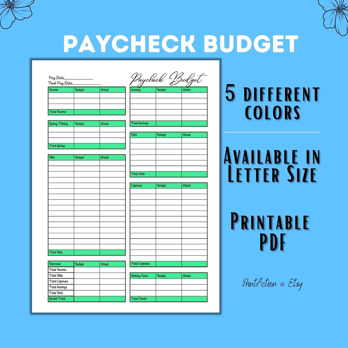 MONTHLY Paycheck Budget Printable, Paycheck Budget Overview Template ...