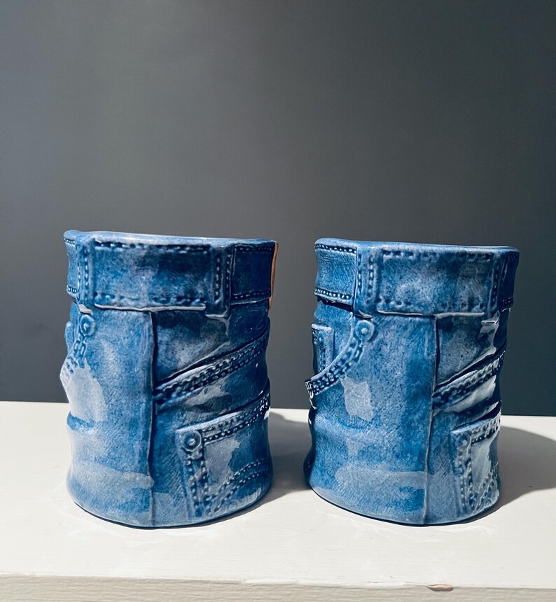 Rare Vintage Marty Grandma and Grandpa Jean Mugs Set Ceramic Blue Denim ...