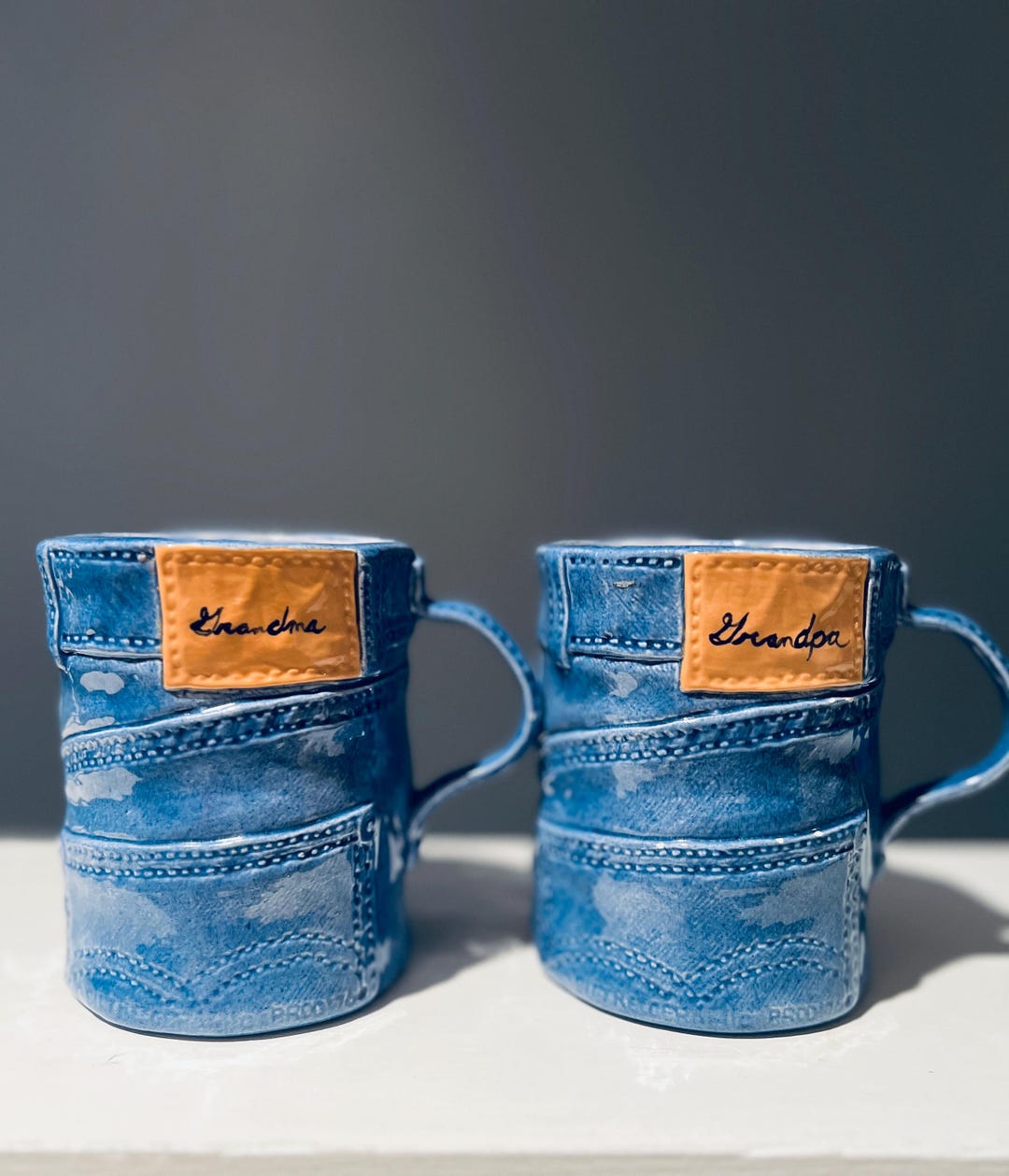 Rare Vintage Marty Grandma and Grandpa Jean Mugs Set Ceramic Blue Denim ...