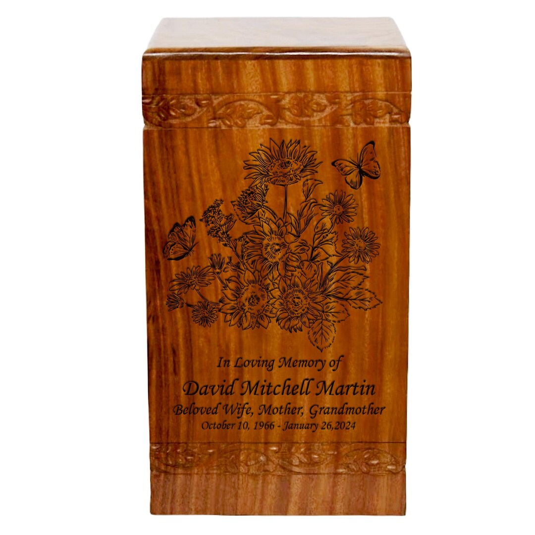 Sunflower Design Adult Cremation Urn With Personalization, Wooden ...