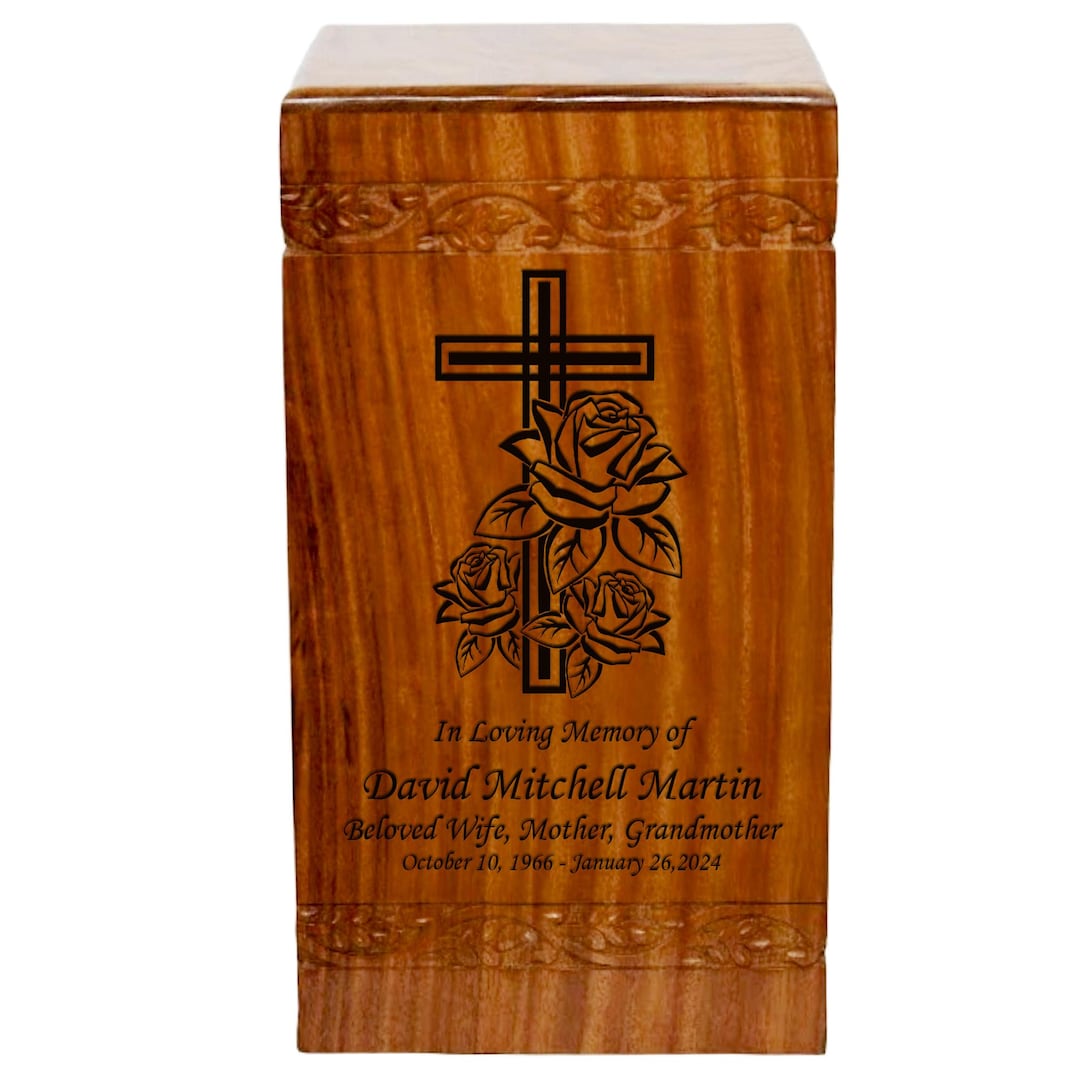 Cross and Rose Design Adult Cremation Urn With Personalization, Wooden ...