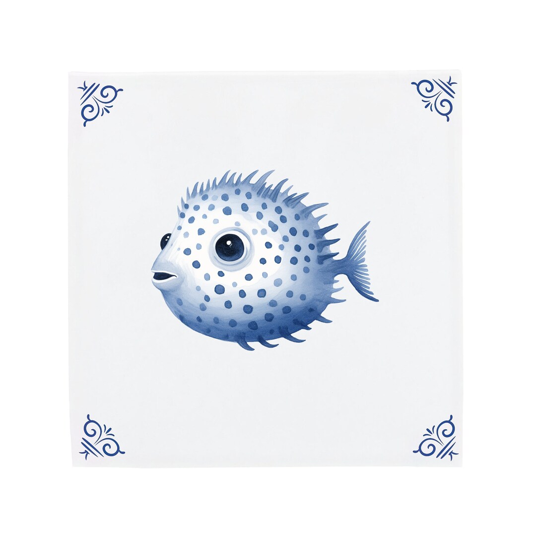 Delft Blue Ceramic Tile: Decorated Puffer Fish | Modern Dutch Design ...