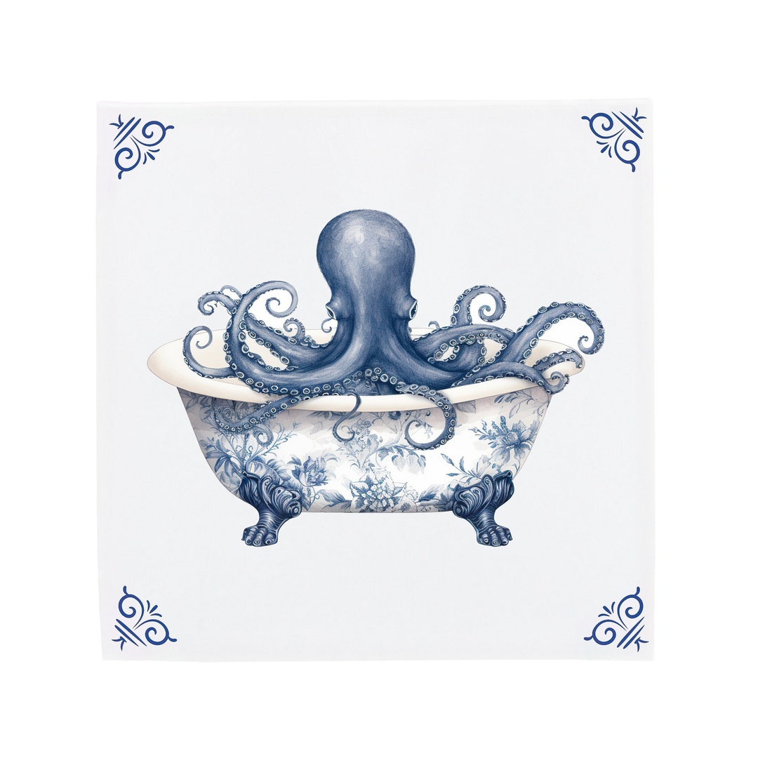 Octopus in Bathtub Delft Blue Ceramic Tile, Seaside Bathroom or Shower ...
