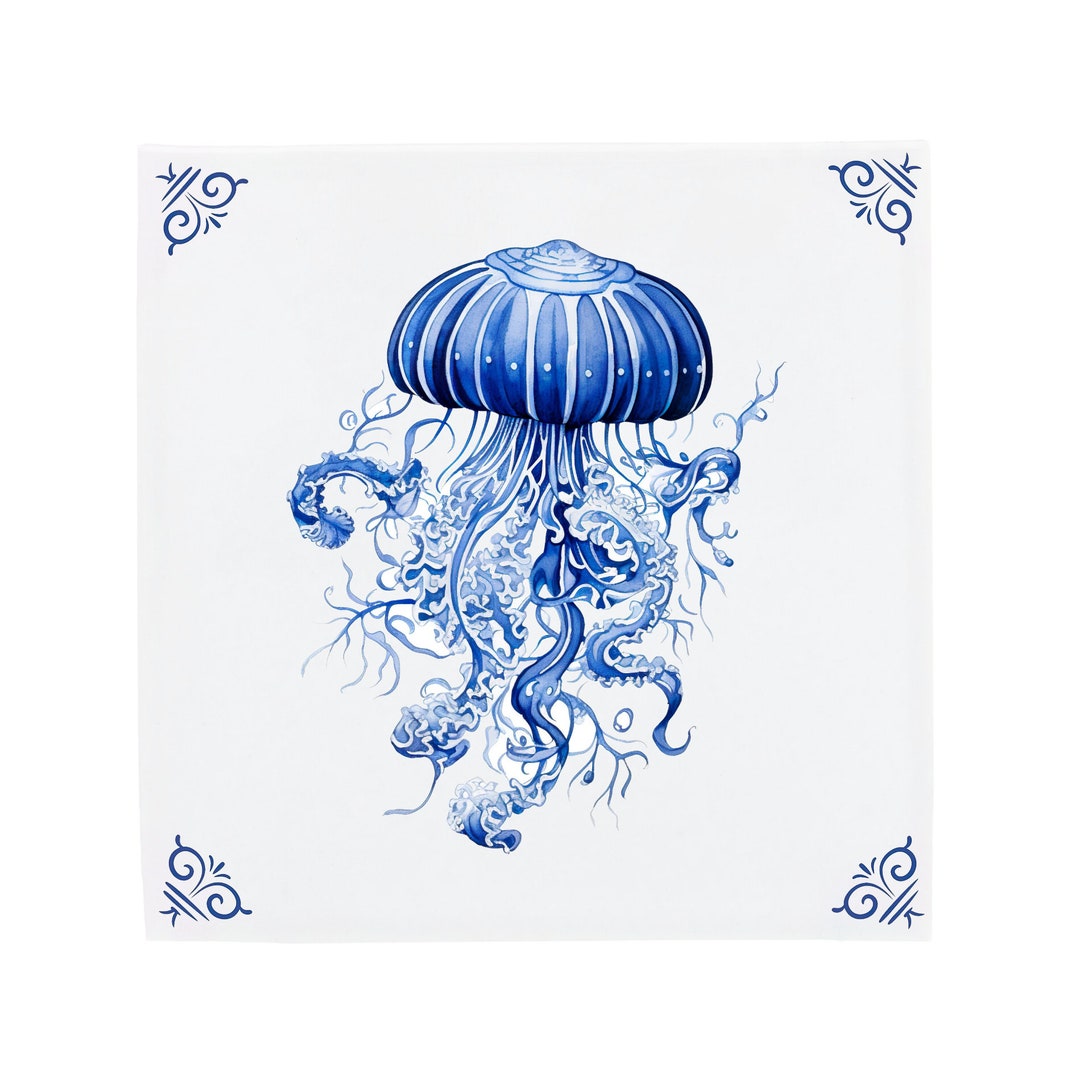 Delft Blue Ceramic Tile: Decorated Jellyfish | Modern Dutch Design ...
