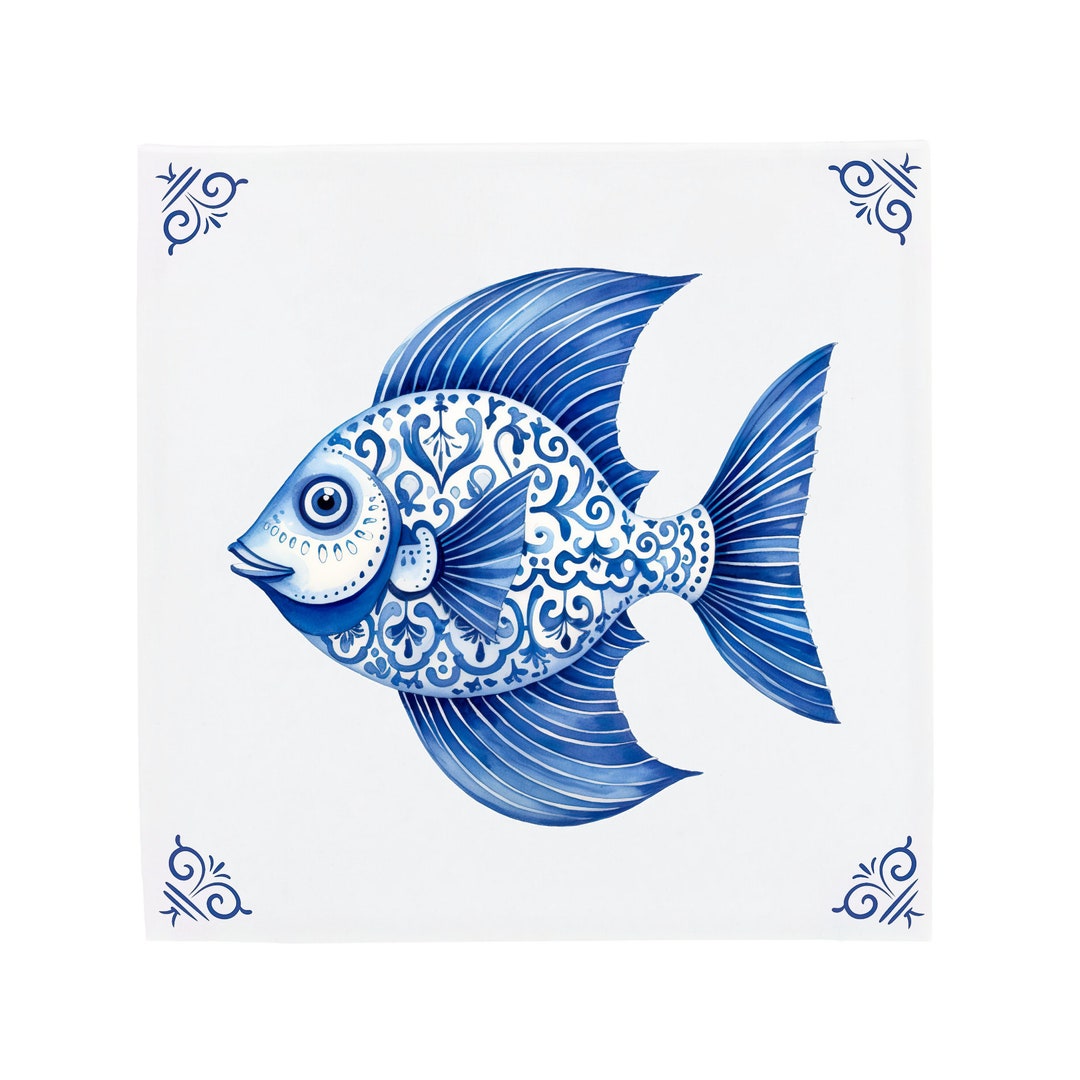 Delft Blue Ceramic Tile: Happy Fish | Modern Dutch Design, Handcrafted ...