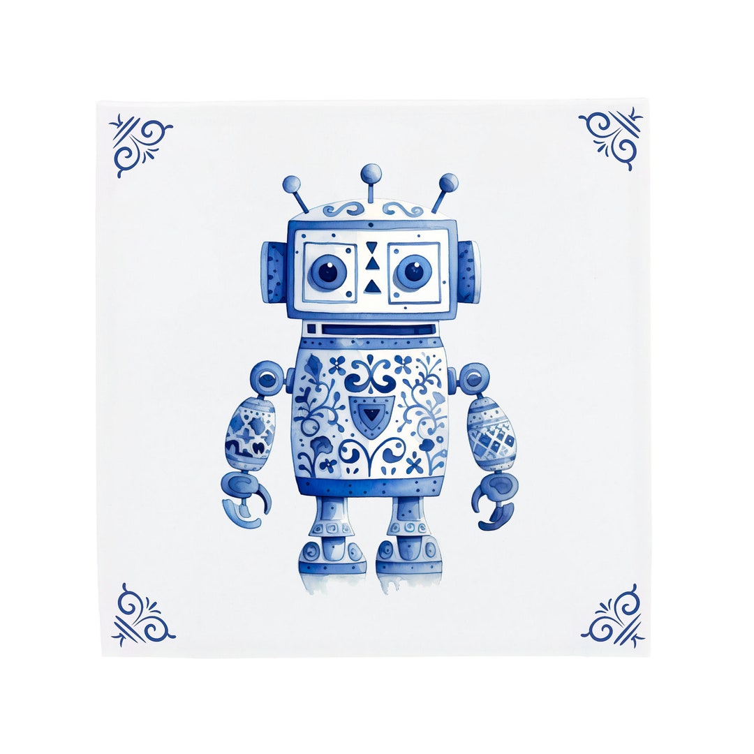 Delft Blue Tile: Modern Robot Design (11x11 to 20x20 Cm) - Etsy