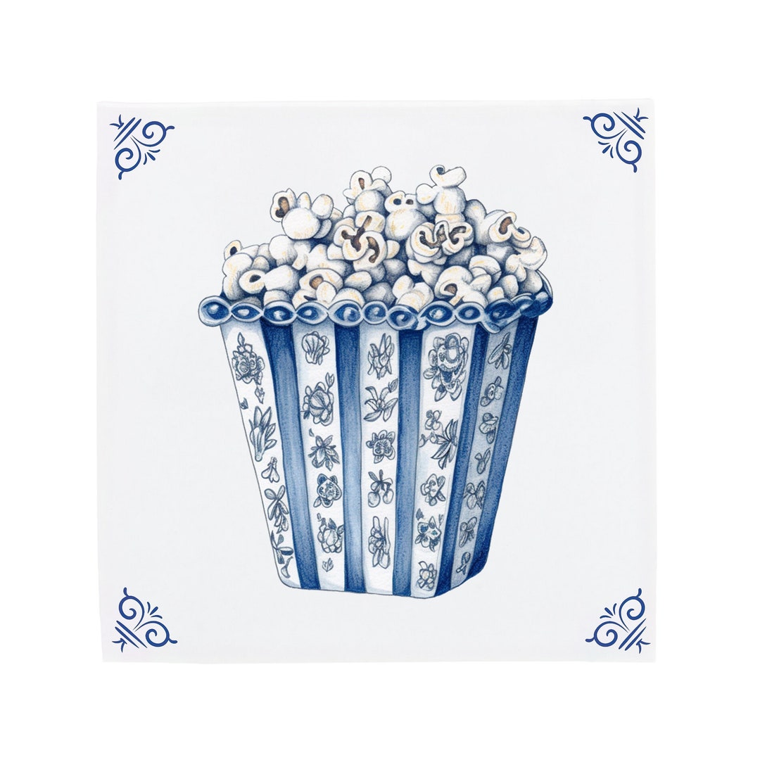 Popcorn Bowl Delft Blue Ceramic Tile, Movie Night, Netflix and Chill ...