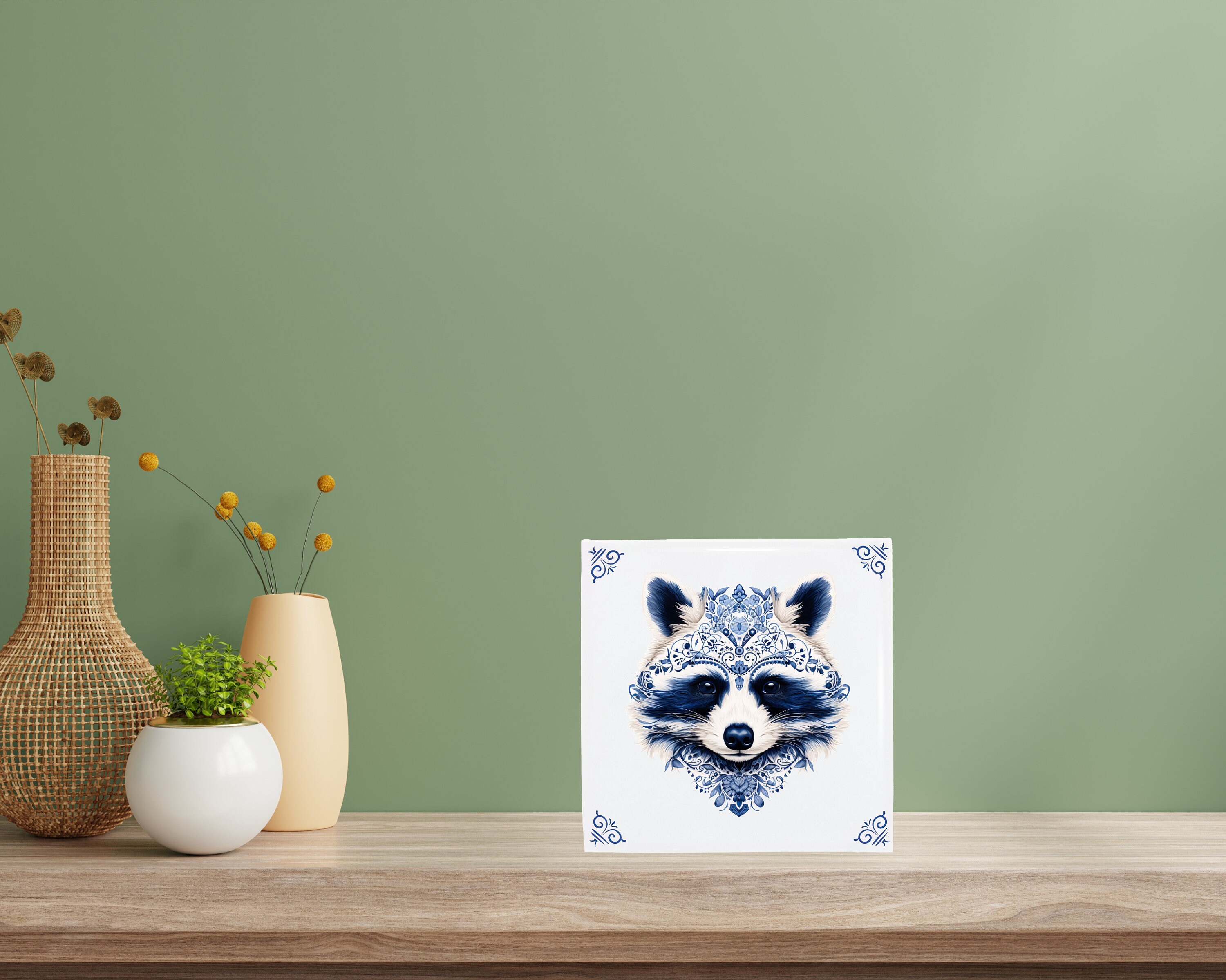 Delft Blue Ceramic Tile: Majestic Racoon Modern Dutch - Etsy