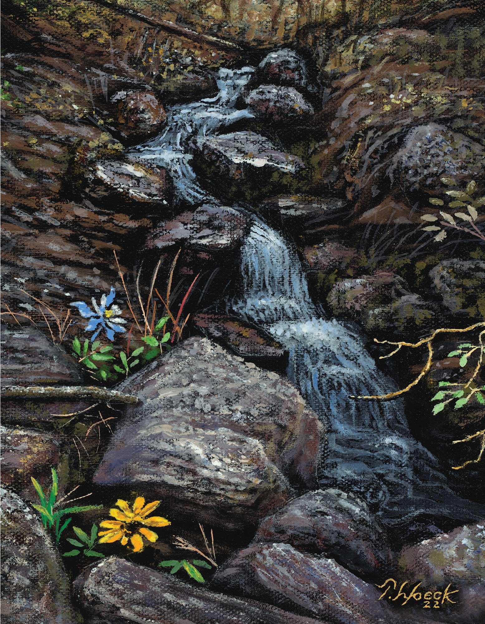 Waterfall Oil Painting Note Card: Floral Mountain Landscape - Etsy