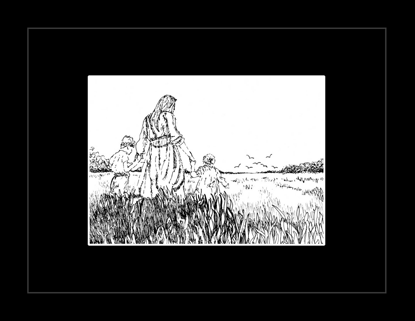 Mother With Children Walking in Field - Pen and Ink by Artist Robin ...