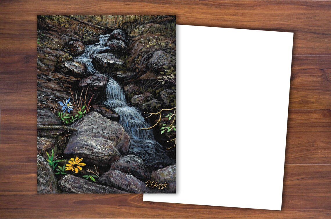 Waterfall Oil Painting Note Card: Floral Mountain Landscape - Etsy