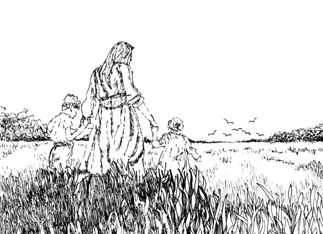 Mother With Children Walking in Field - Pen and Ink by Artist Robin ...