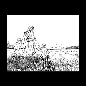 Mother With Children Walking in Field Pen and Ink by Artist Robin ...