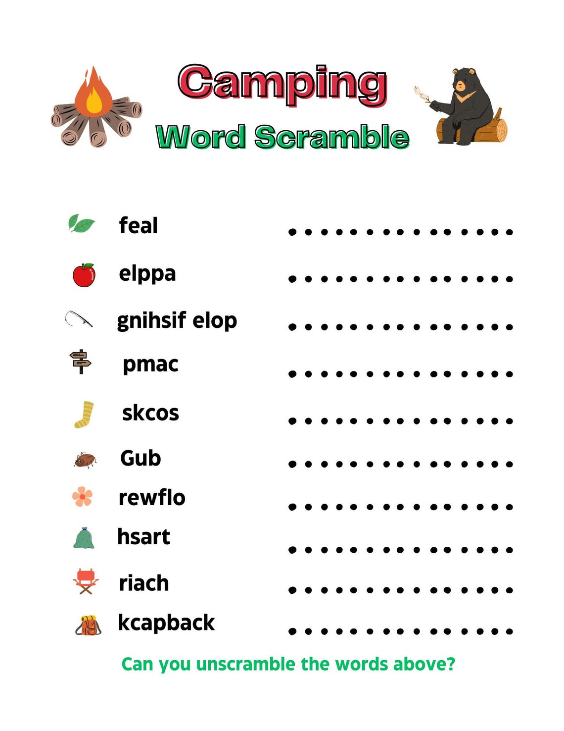 Camping Word Scramble for Kids | Includes 4 Different Word Scrambles - Etsy