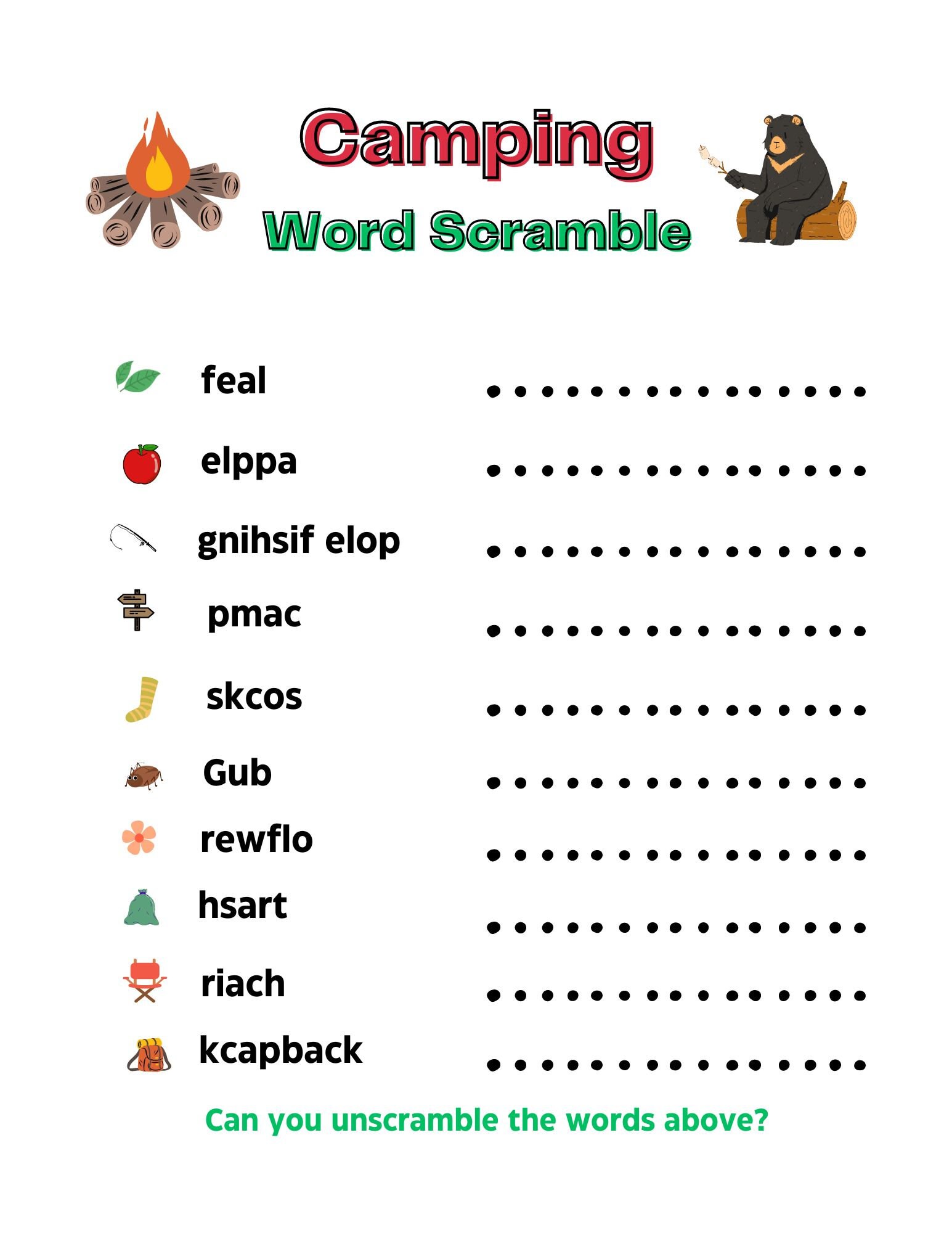 Camping Word Scramble for Kids | Includes 4 Different Word Scrambles - Etsy Camping Word Scramble for Kids | Includes 4 Different Word Scrambles - Etsy
