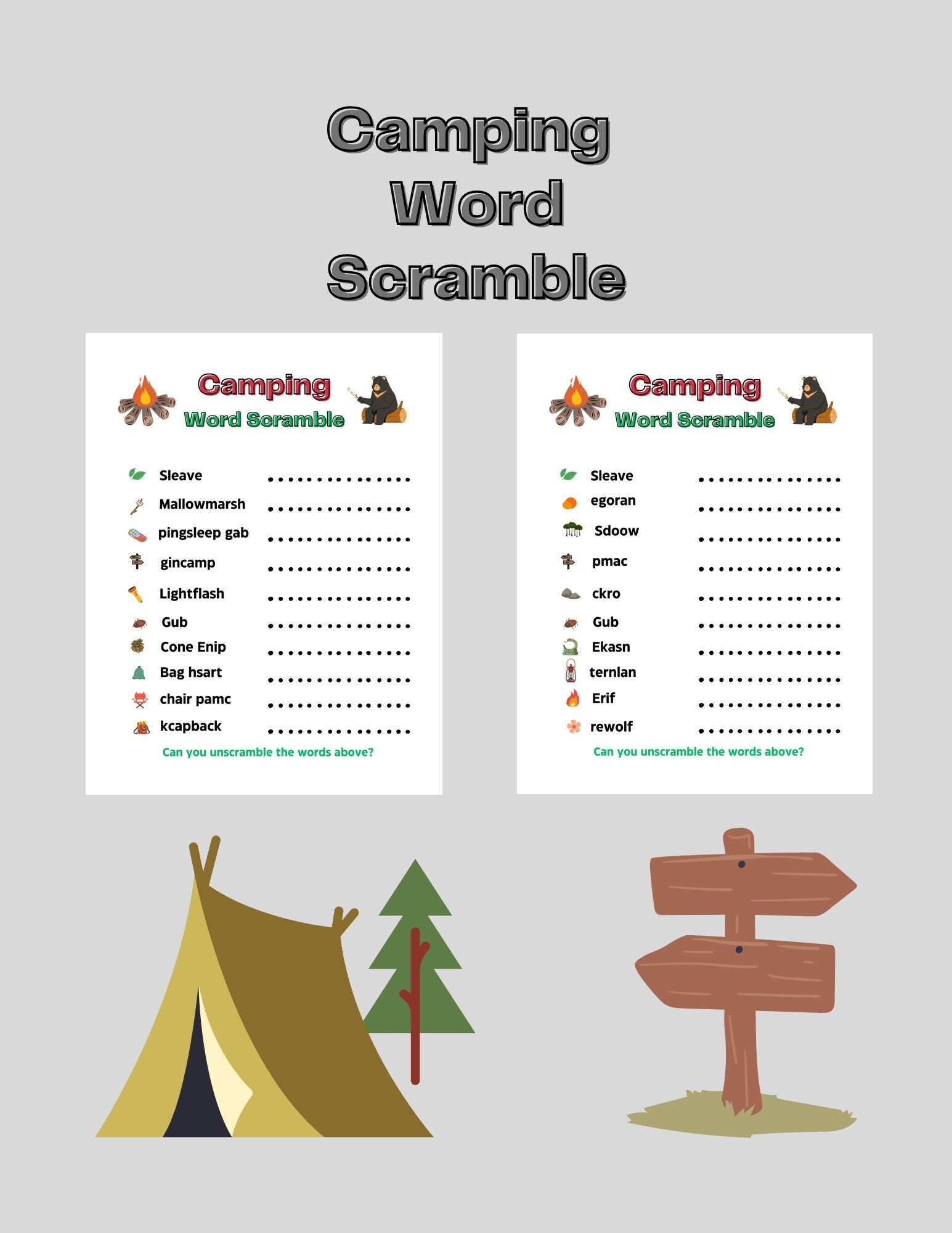 Camping Word Scramble for Kids | Includes 4 Different Word Scrambles - Etsy