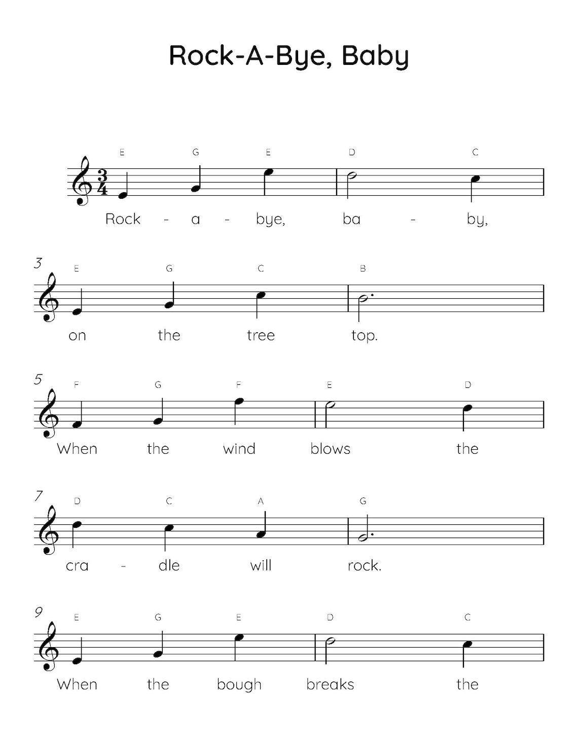 Rock A Bye Baby Easy Piano Sheet Music (digital Download), Kids ...