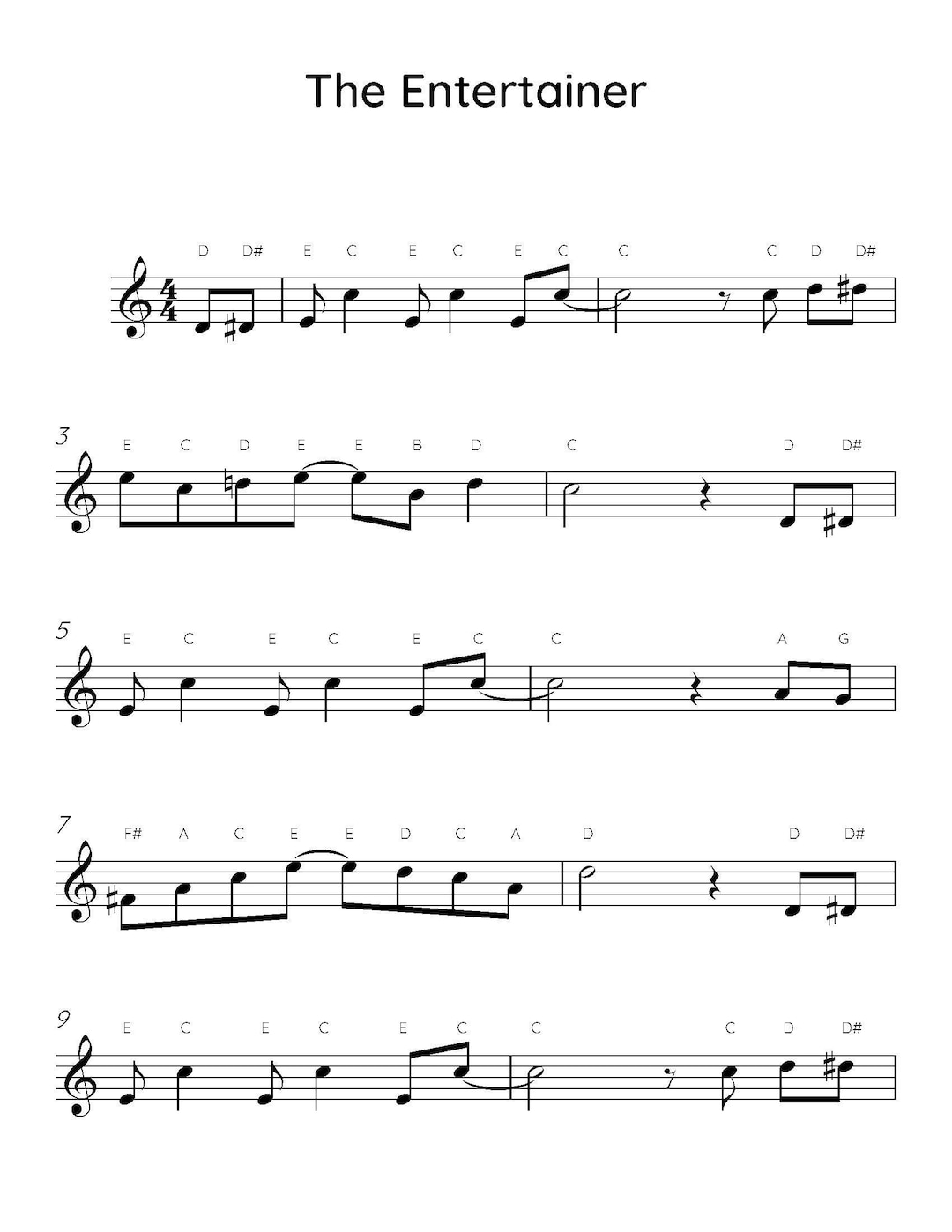 The Entertainer Easy Piano Sheet Music, Digital Downloadable Musical ...