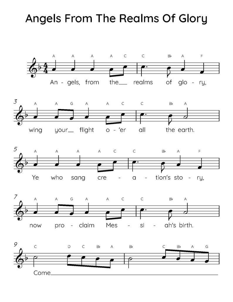 Angels From the Realms of Glory Easy Piano Sheet Music (digital ...