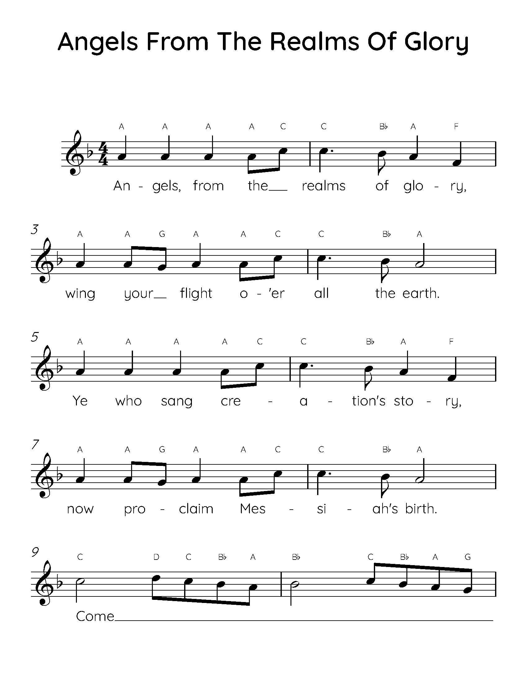 Angels From the Realms of Glory Easy Piano Sheet Music, Digital ...