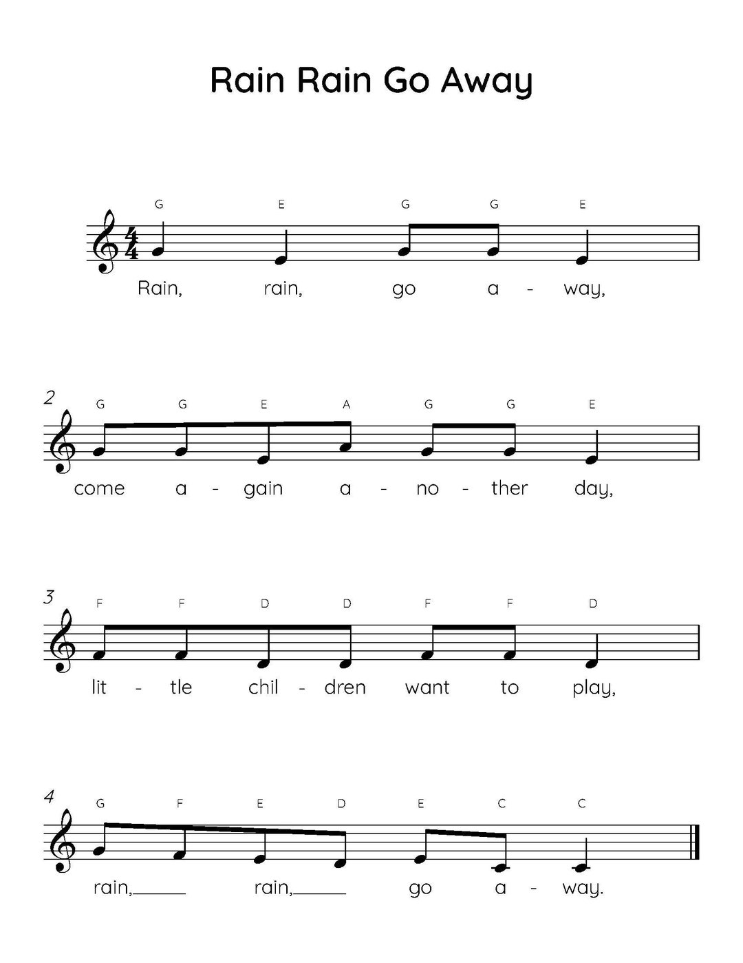 Rain Rain Go Away Easy Piano Sheet Music, Digital Downloadable Musical ...