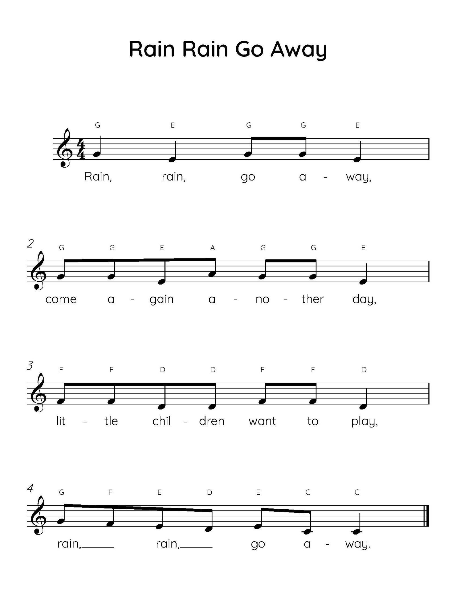 Rain Rain Go Away Easy Piano Sheet Music, Digital Downloadable Musical ...