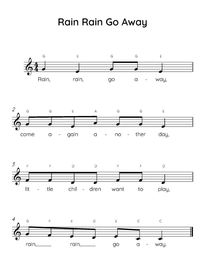 Rain Rain Go Away Easy Piano Sheet Music (digital Download), Kids ...