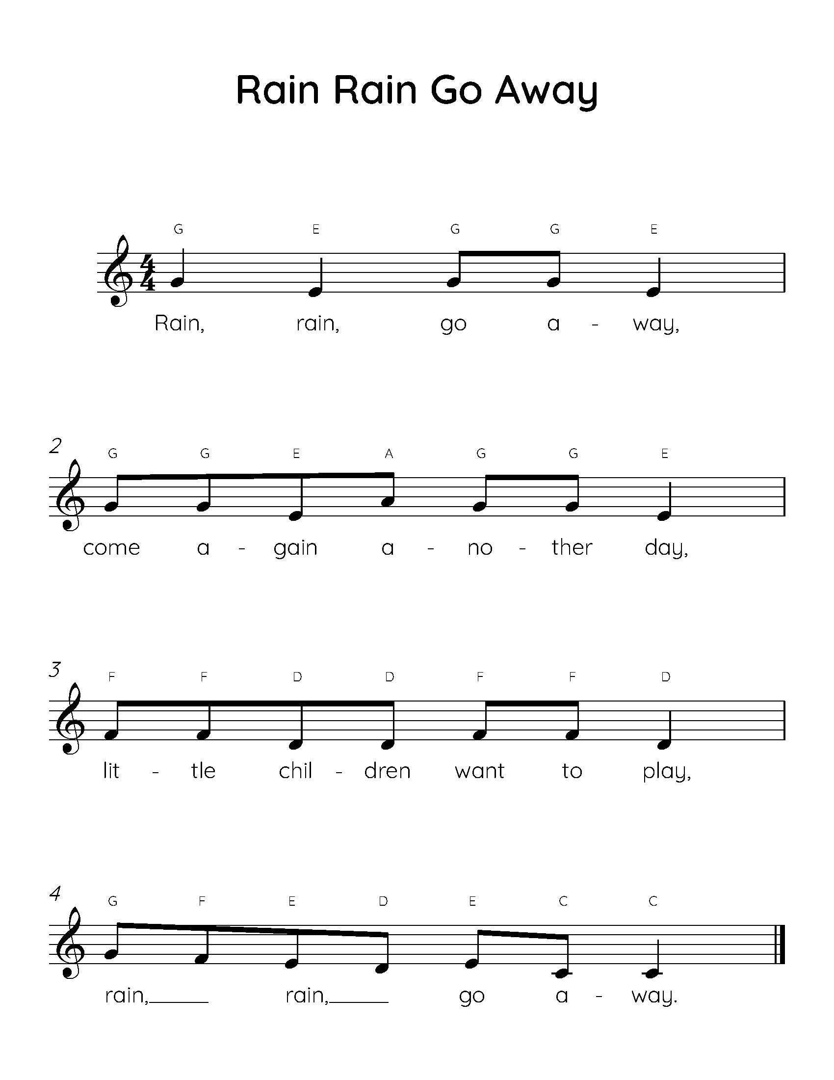 Rain Rain Go Away Easy Piano Sheet Music, Digital Downloadable Musical ...