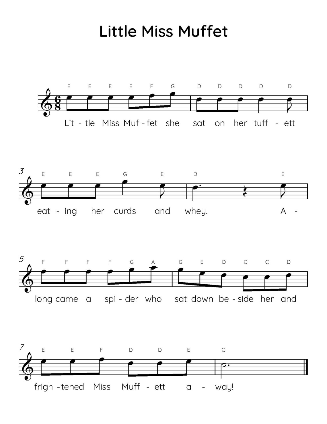 Little Miss Muffet Easy Piano Sheet Music (digital Download), Kids ...
