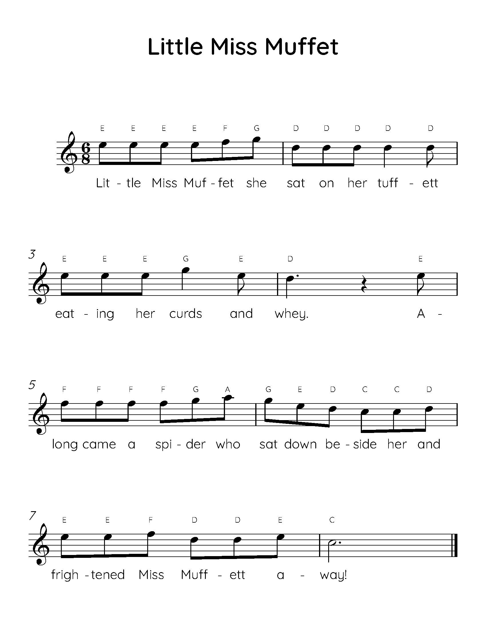 Little Miss Muffet Easy Piano Sheet Music, Digital Downloadable Musical ...