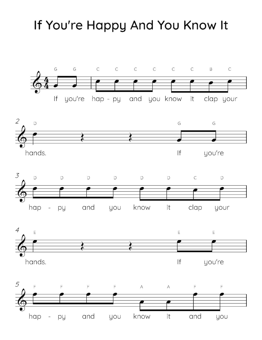 If You're Happy and You Know It Easy Piano Sheet Music, Digital ...